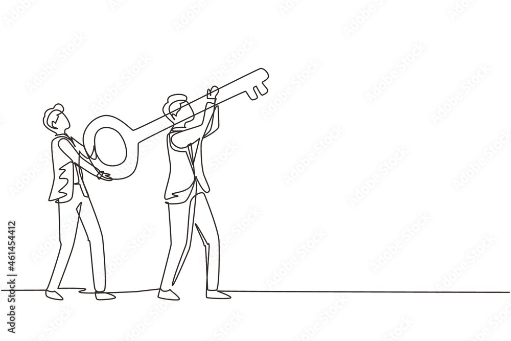 Continuous one line drawing two man hold together key to open locked ...
