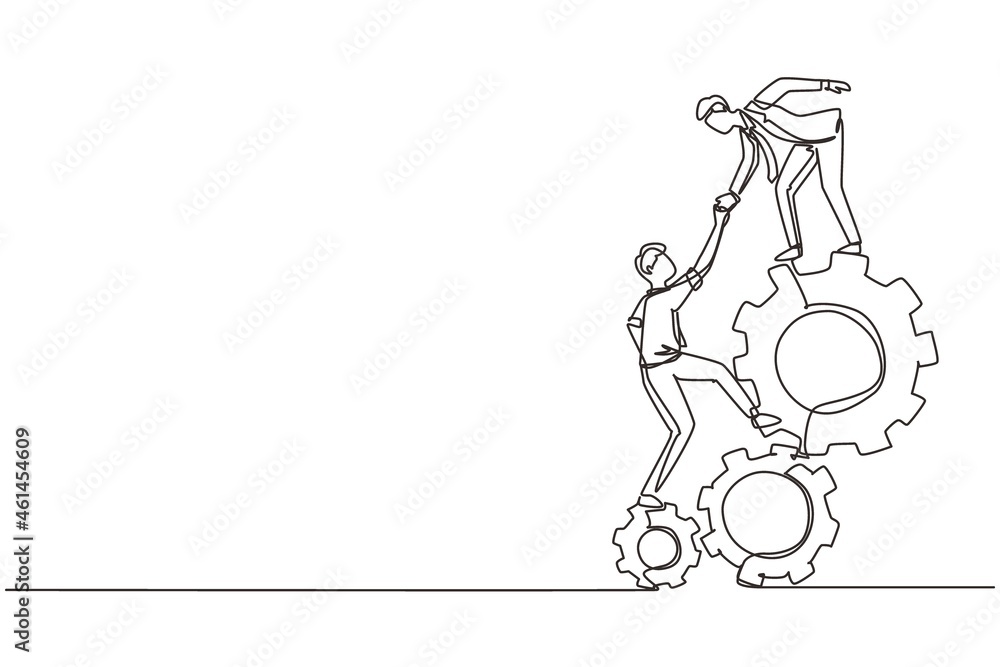 Single one line drawing two young businessmen helping each other to go ...