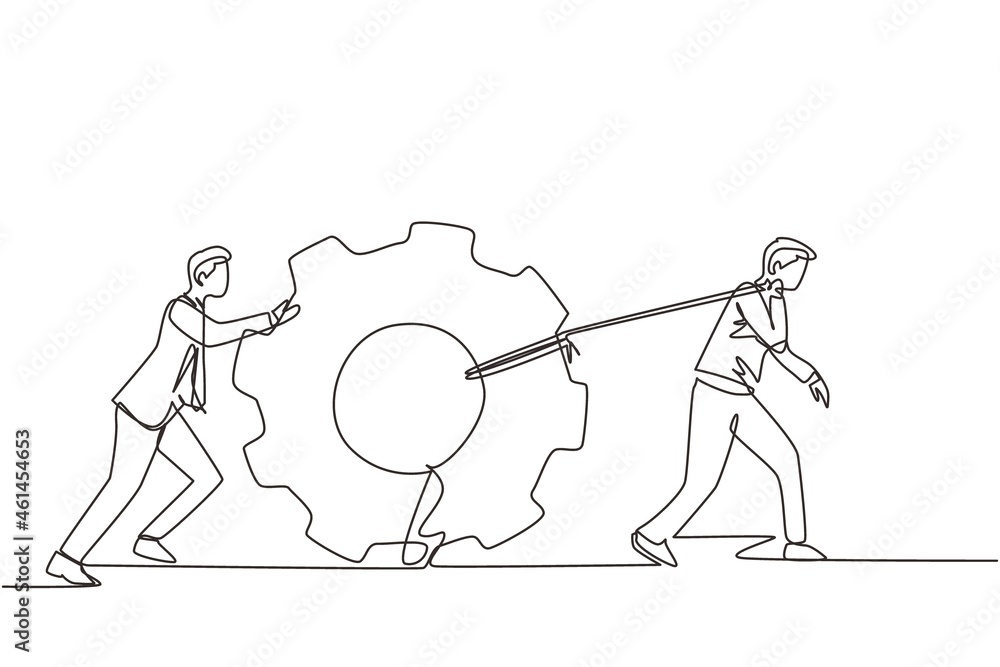 Single one line drawing business men pulling large gear on rope ...