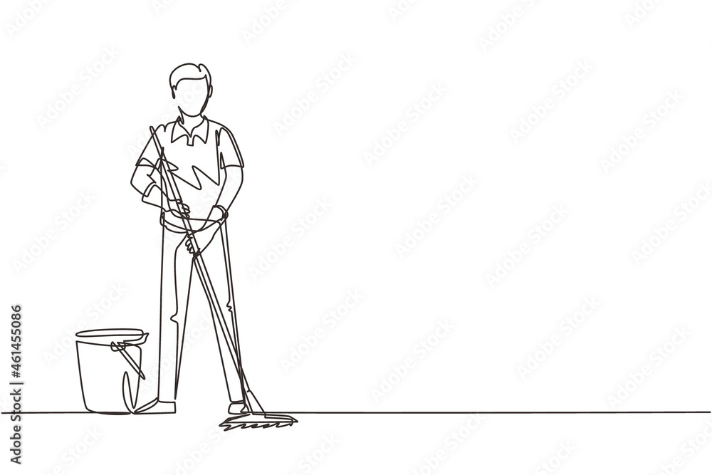 Single continuous line drawing cleaning company staff to work with the ...