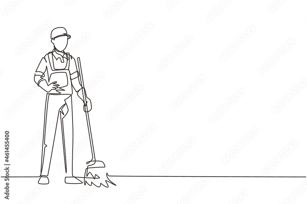 Continuous one line drawing smiling young male janitor standing in ...