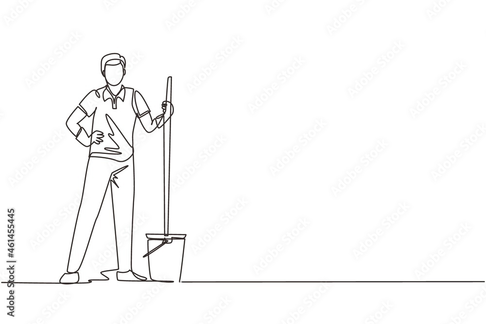 Single continuous line drawing young man with buckets and mops ...