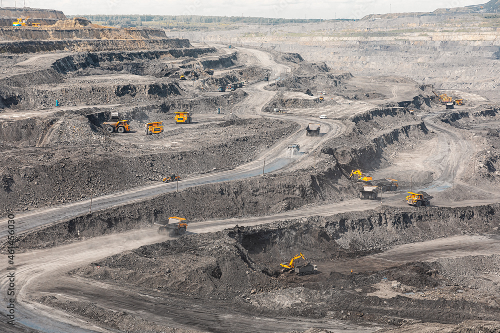 Panoramic aerial view of coal mine. Open pit mine industry, big yellow ...
