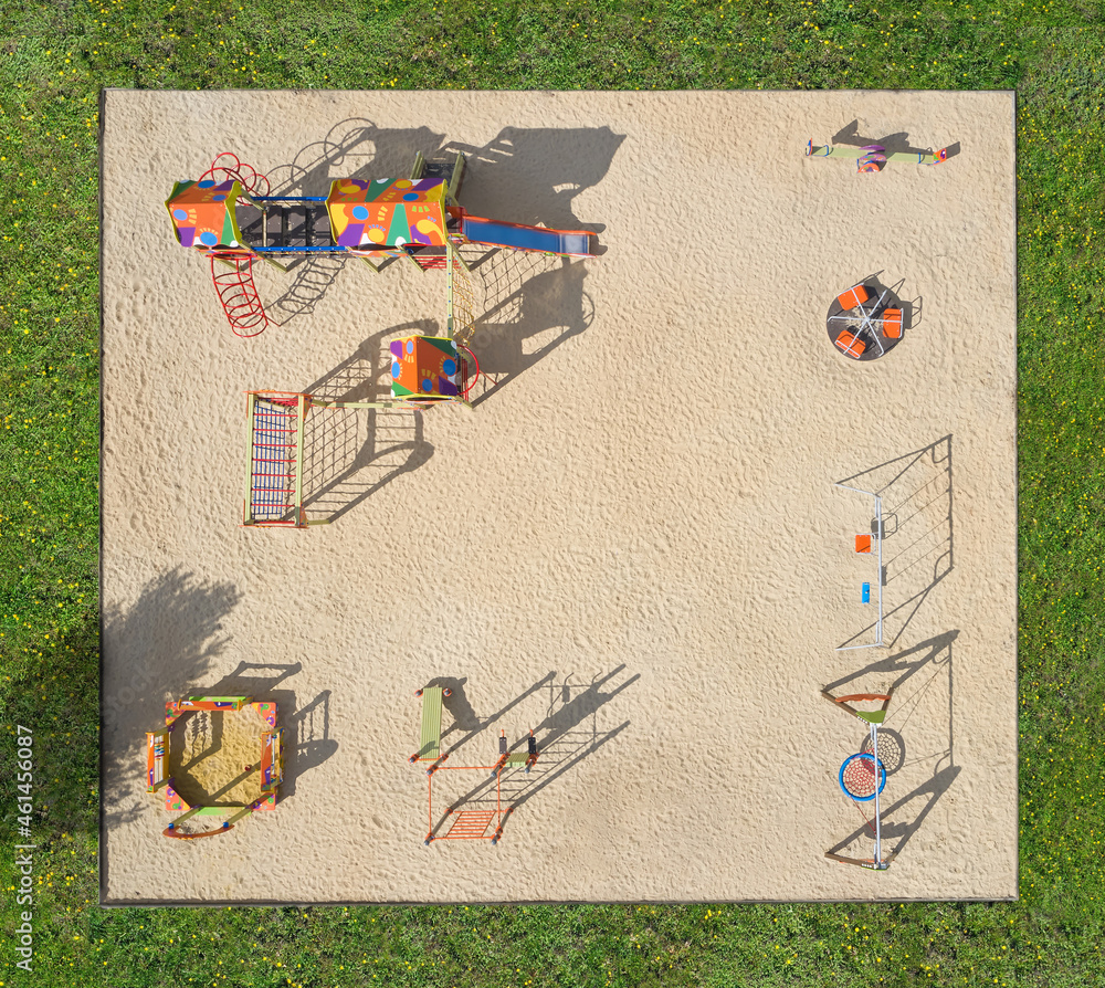 Modern playground with sand, slide and swing for children, aerial view ...