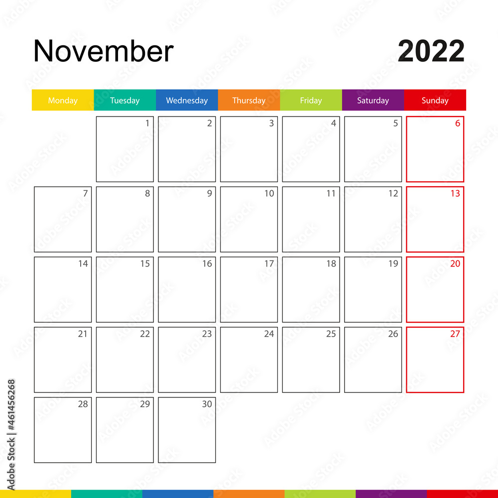 November 2022 colorful wall calendar, week starts on Monday. Stock ...