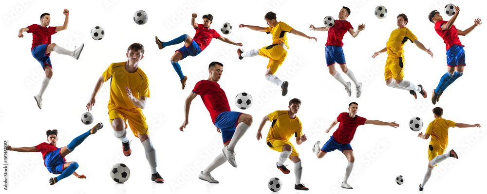 Collage of movements. Two young men, male soccer football players in ...