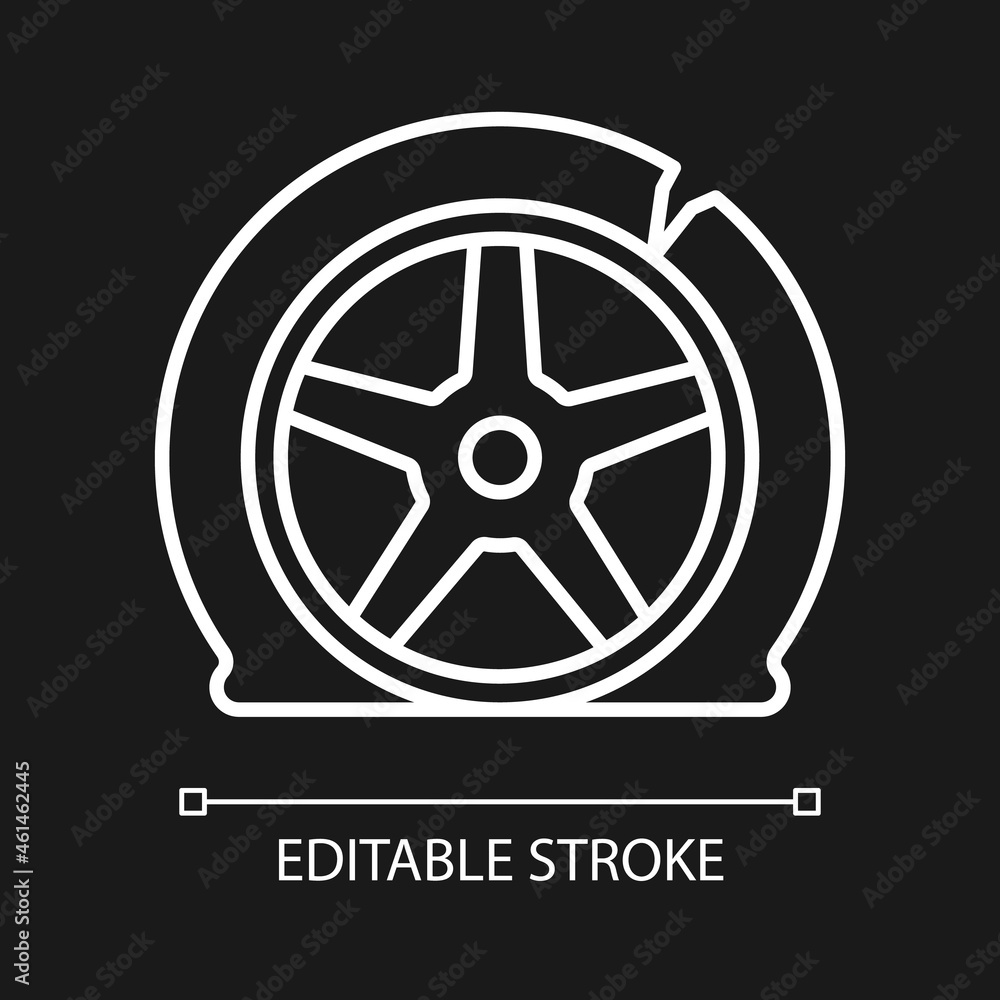 Tyre damage white linear icon for dark theme. Vehicle accident. Tire ...