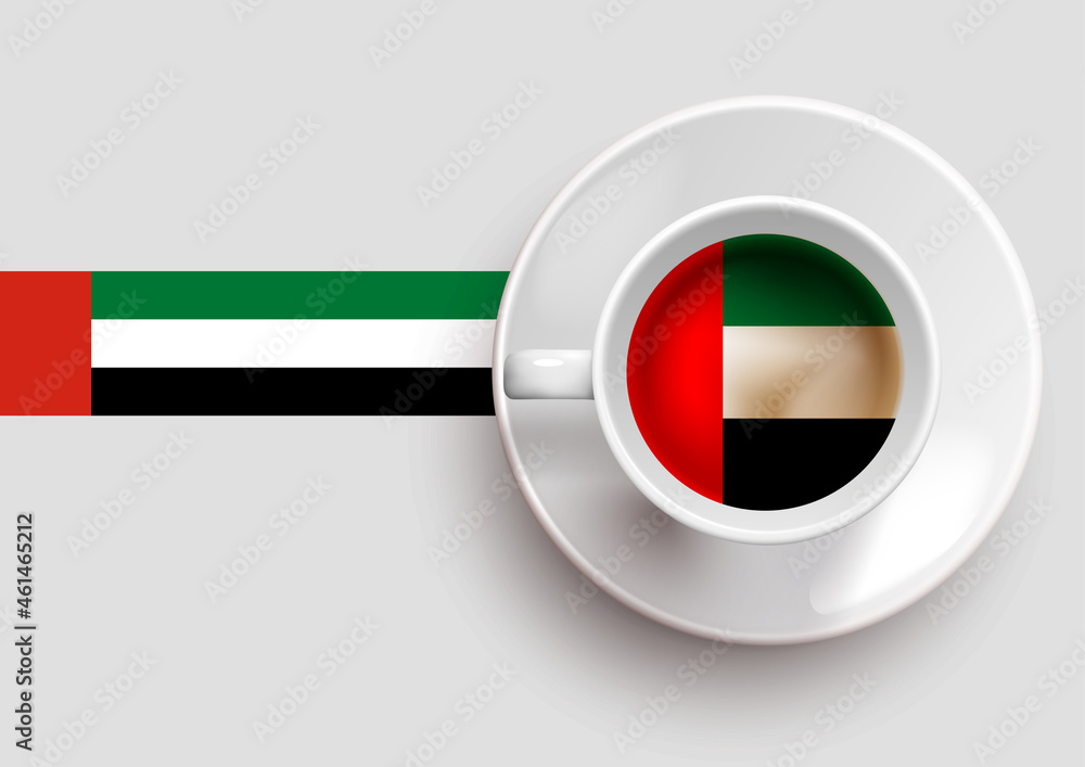 United Arab Emirates flag with a tasty coffee cup on top view and a ...
