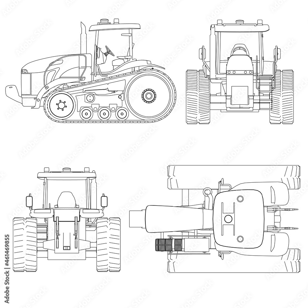 Set with the contours of a tractor on tracks from black lines Isolated ...