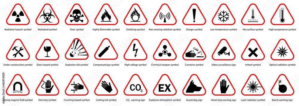 Set of hazard warning signs. Caution danger Symbol, vector illustration ...