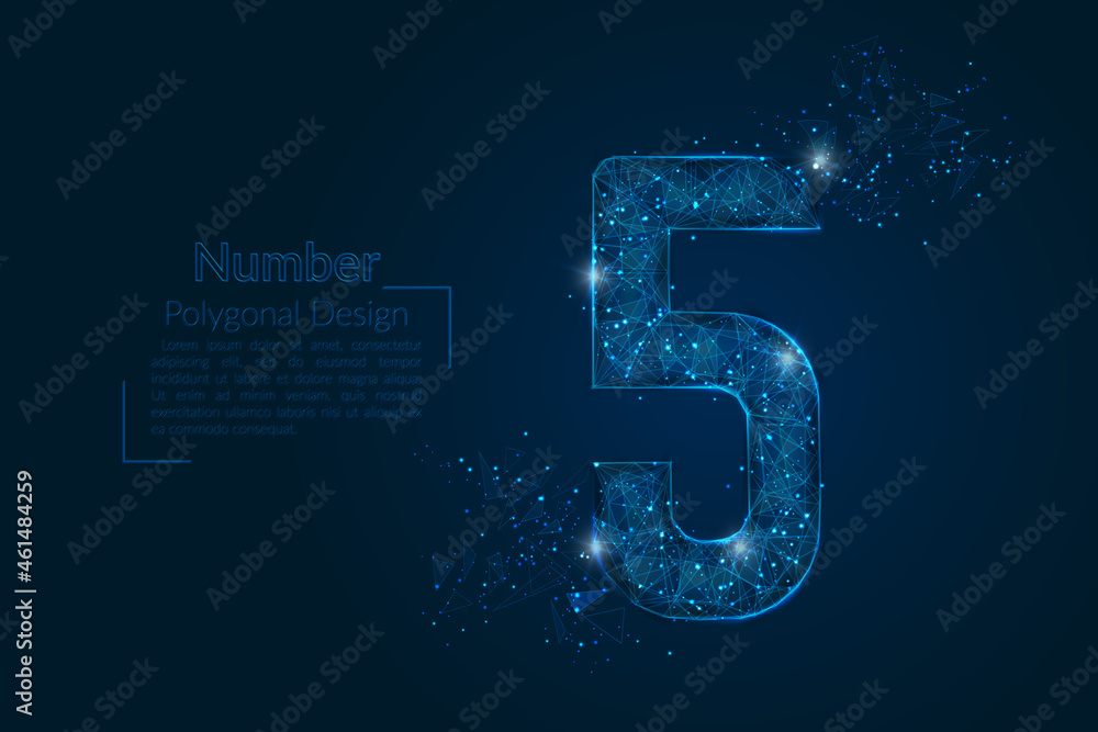 Abstract isolated blue image of a number five. Polygonal illustration ...