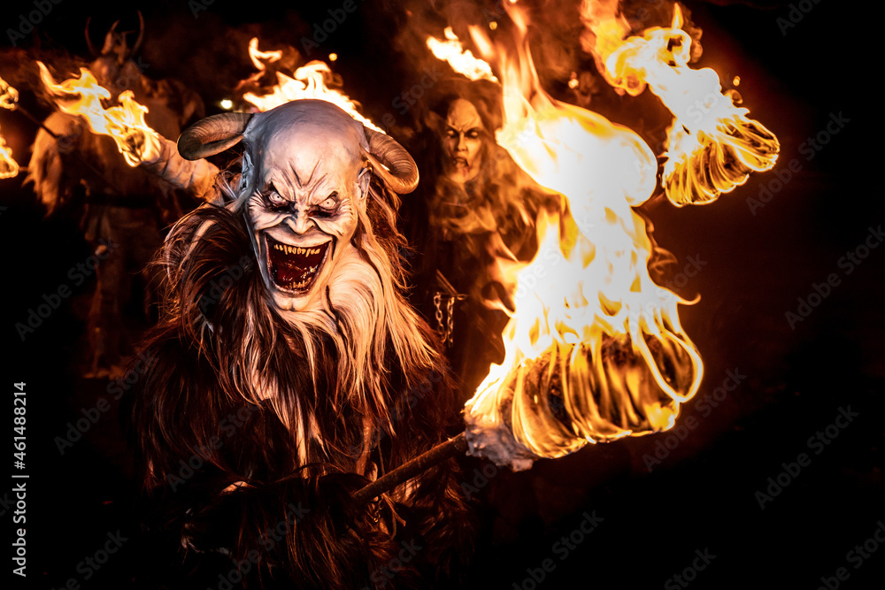 Japanese oni demon mask coming out from fire Stock Photo | Adobe Stock