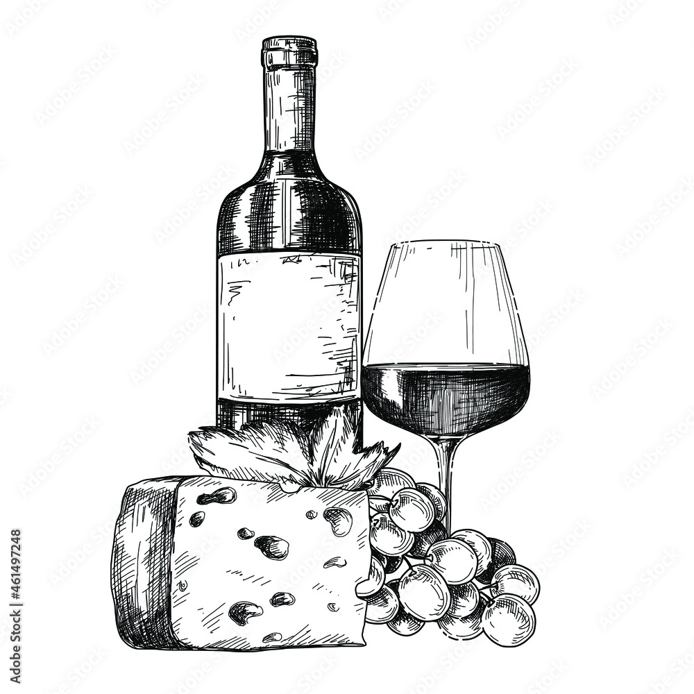 Hand drawn ink art, wine. Etching vintage drink illustration isolated ...