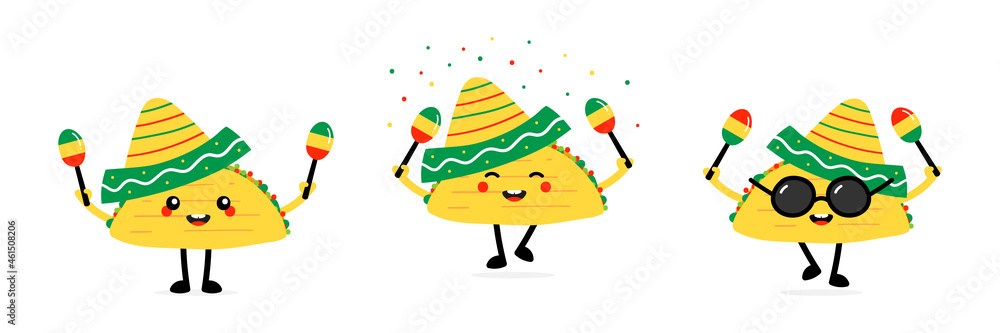 Set, collection of cute cartoon style taco characters dancing with ...