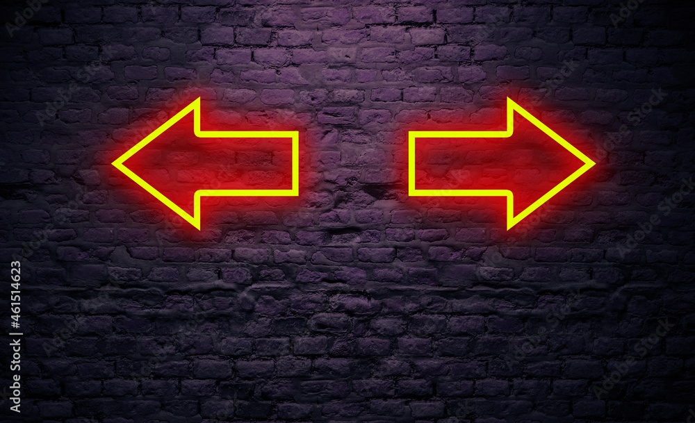 Right Left arrow neon sign on Dark Brick background with copy space. 2 ...