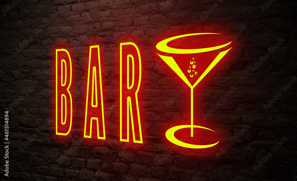 Bar neon Sign On dark brick wall with Win Glass Symbol. Bar Signboard ...