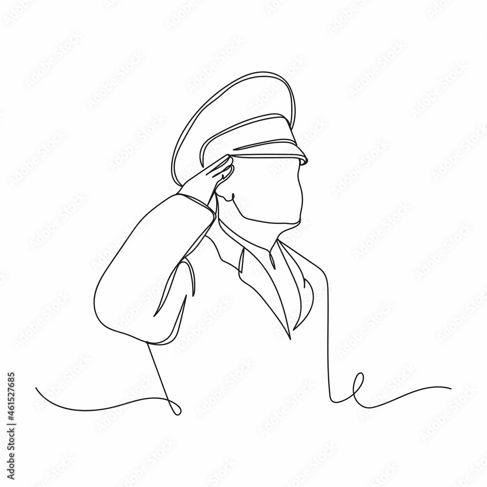 Continuous one line drawing of soldier and veteran saluting at memorial ...