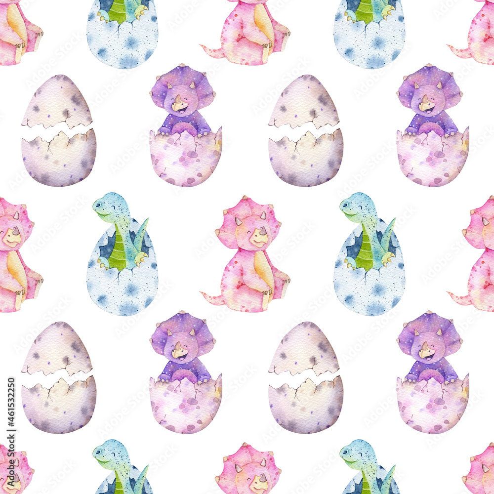 Watercolor baby dinosaur seamless pattern. Dino baby shower background ...