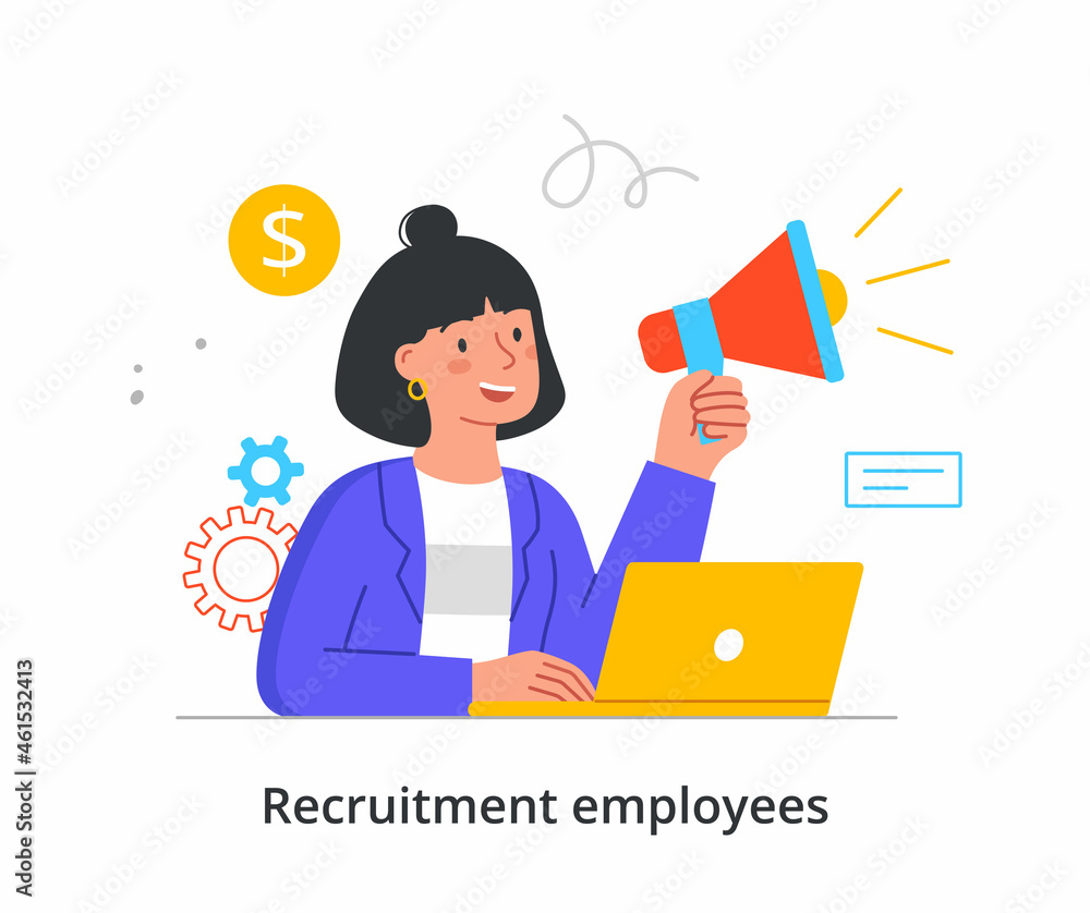 Girl speaks into loudspeaker. Employee search concept, personnel ...