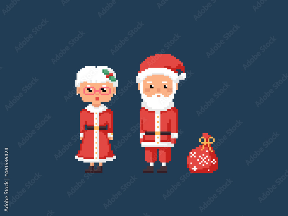 Pixel art Santa Claus Family illustrations. 8 bit style greeting card ...