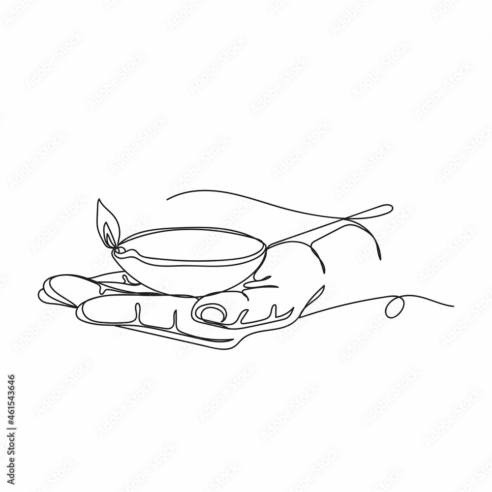 Continuous one line drawing of indian festival Diwali lamp in hand in ...