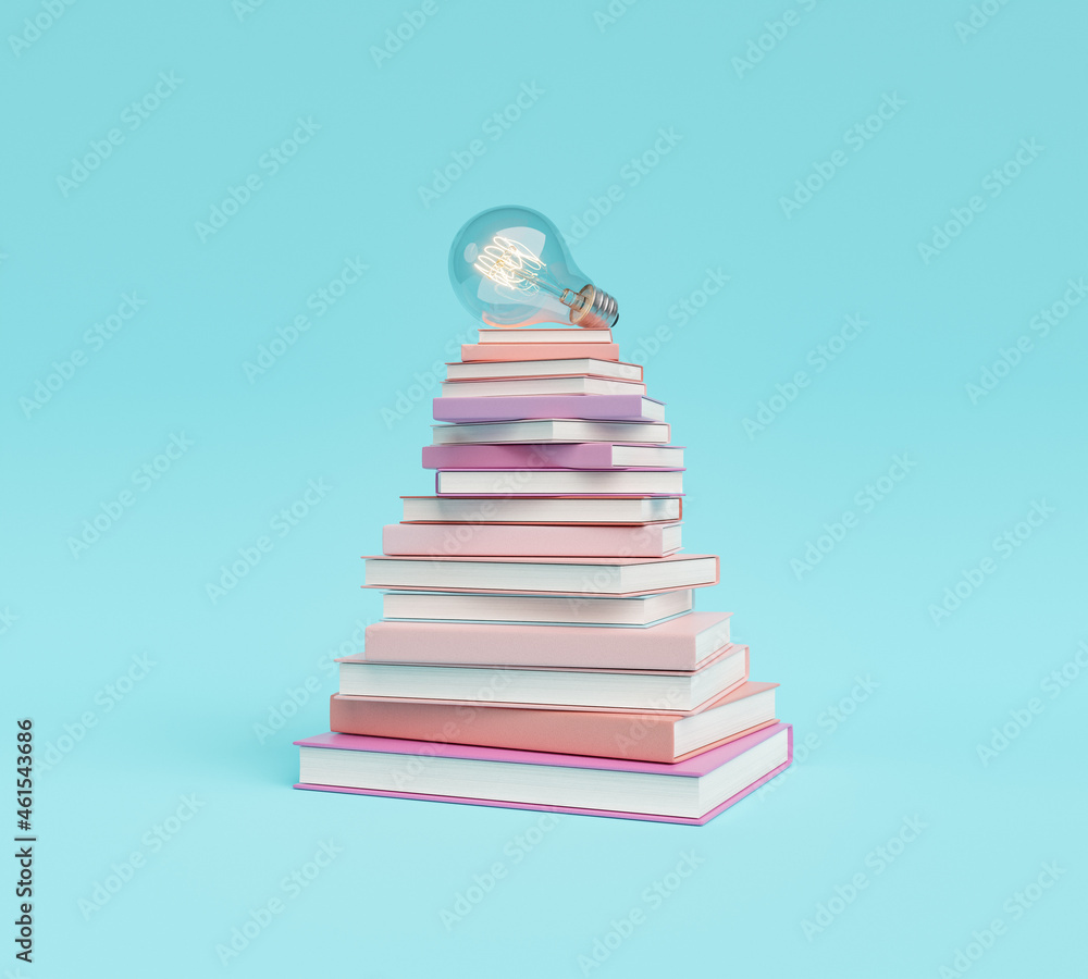 pyramid of books with lit light bulb Stock Illustration | Adobe Stock