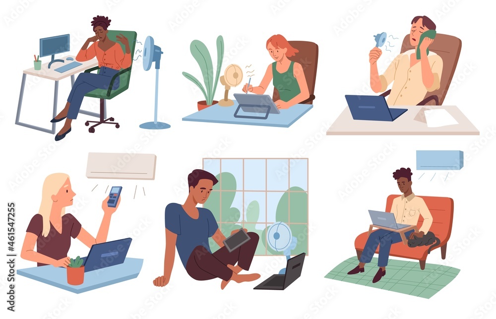 People working in heat. Summertime, air conditioner, fan. Overheating ...
