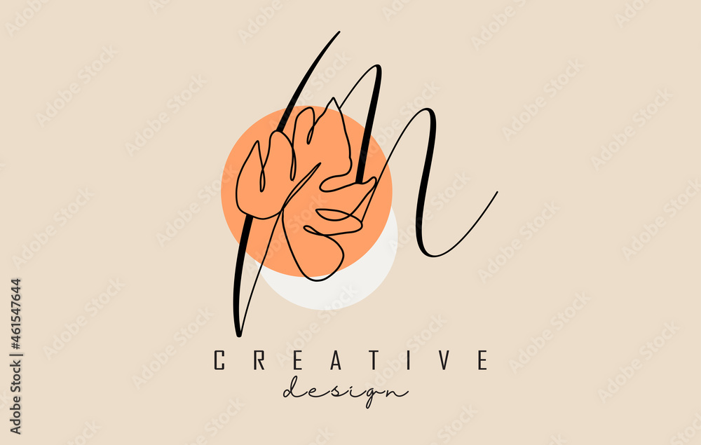 Simple and elegant handwritten M letter logo design with Monstera leaf ...