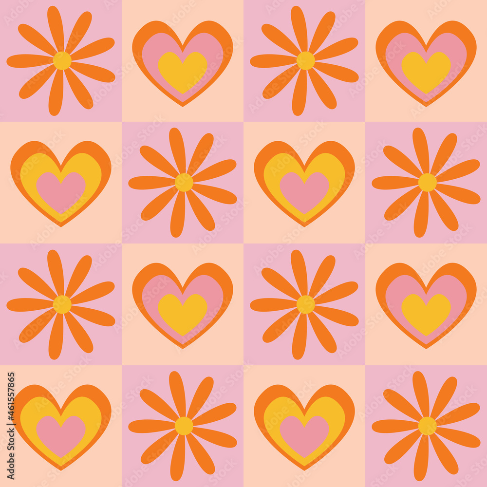 Bold, pink yellow and orange seamless vector pattern. 1970's groovy ...