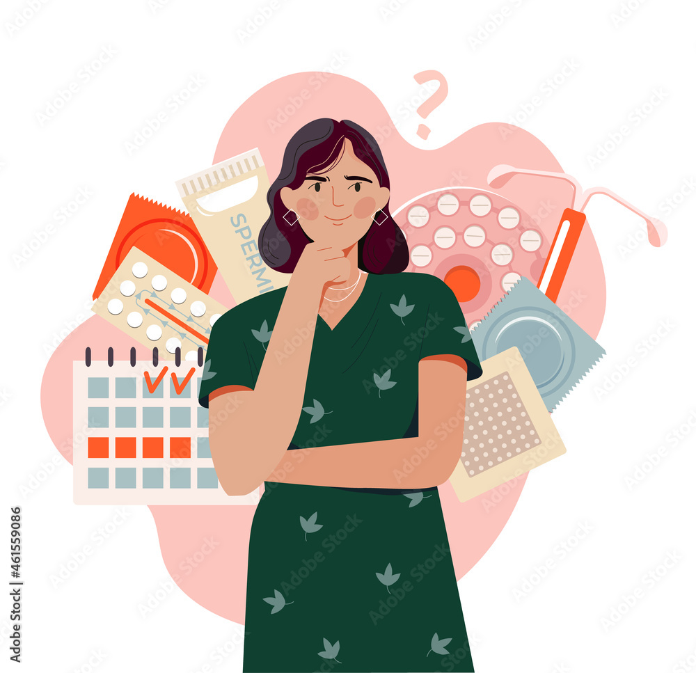 Different types of female contraception. Woman thinking about suitable ...