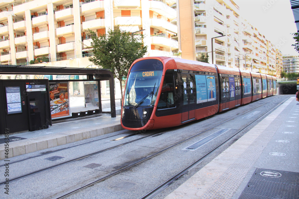 The electric tram in Nice, France offers punctual supply at the station ...