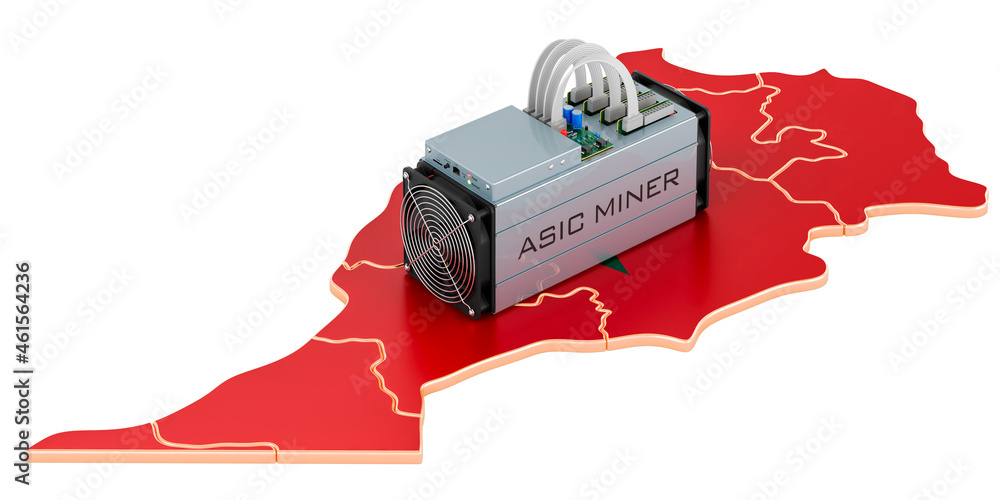 Mining in Morocco, concept. ASIC miner with Moroccan map. 3D rendering ...