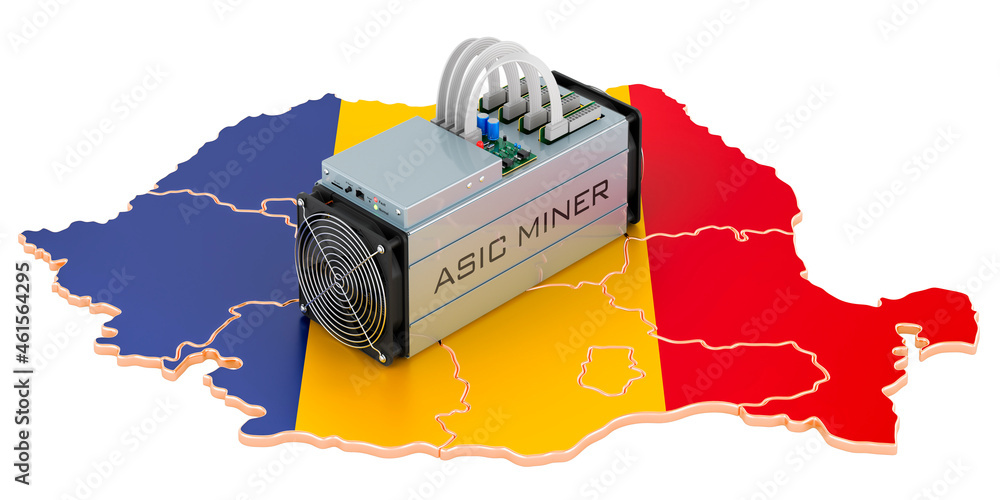 Mining in Romania, concept. ASIC miner with Romanian map. 3D rendering ...