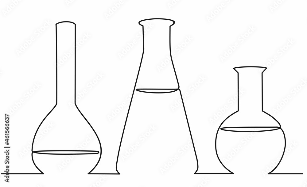 continuous line drawing of Laboratory glassware isolated over white ...