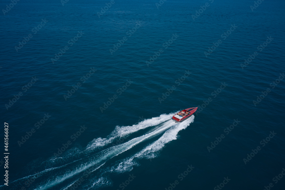 Red speed boat fast movement on the water top view. Diagonal boat ...
