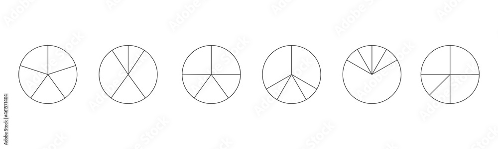 Outline circles divided in 5 segments. Pie or pizza round shapes cut in ...