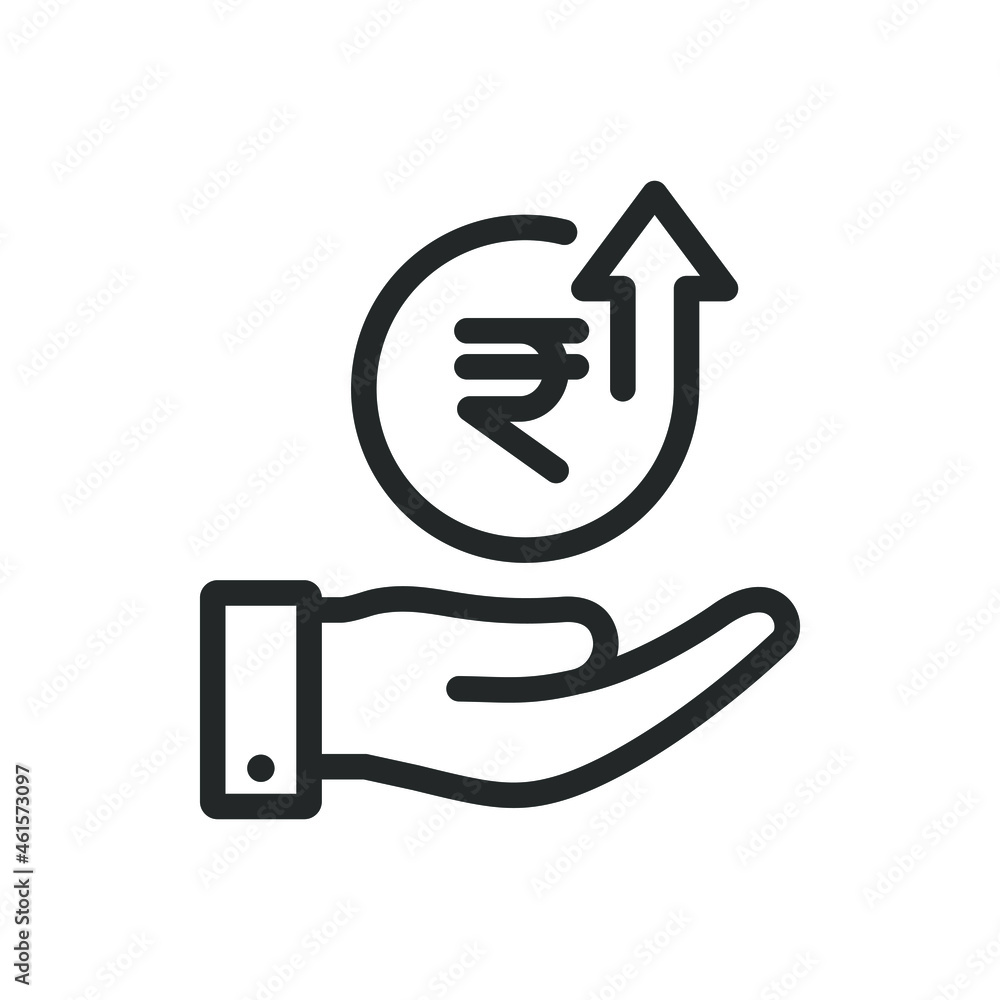 Rupee growth on hand icon design isolated on white background. Vector ...