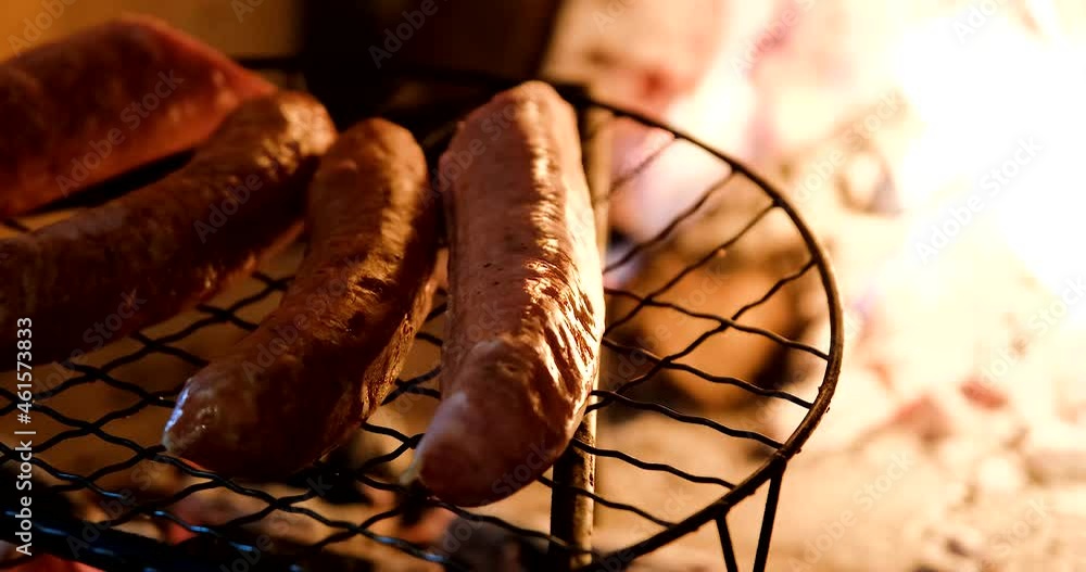 Indoor BBQ in an old traditional Greek kitchen fireplace. Delicious ...