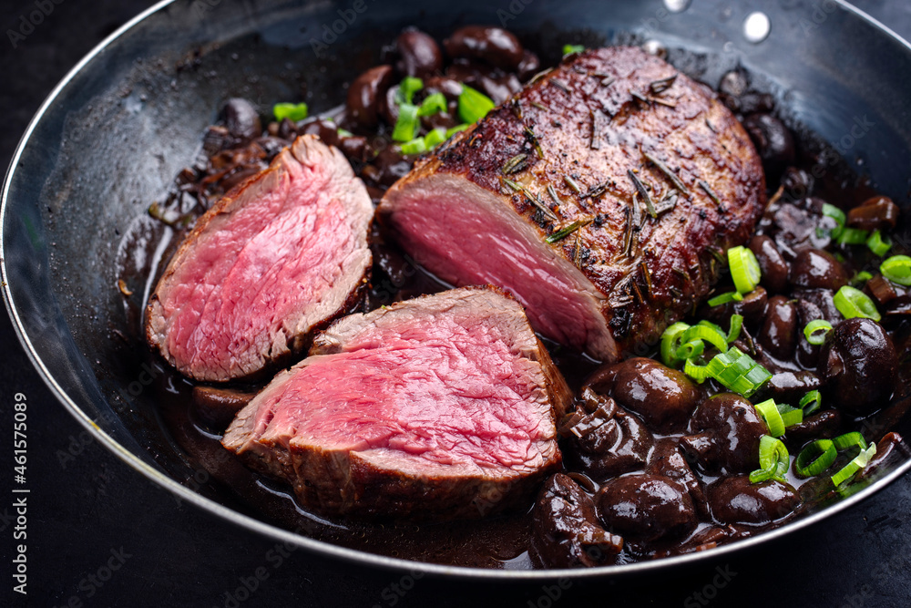 Traditional fried dry aged angus beef filet roast and medaillon natural ...