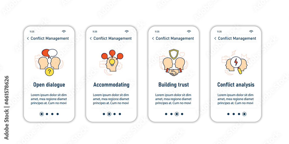 Conflict management onboarding mobile app screens. Resolving conflict ...