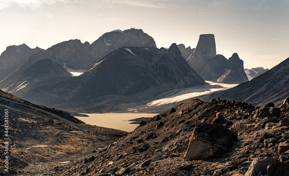 Iconic granite rock of Mt.Asgard towers above Turner glacier in late ...