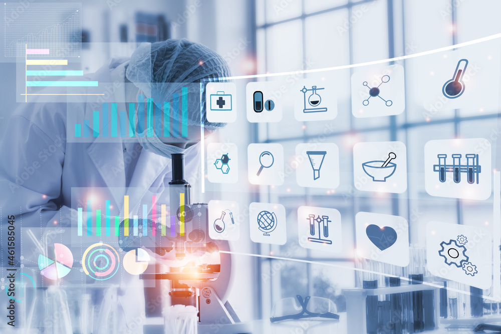 Double exposure microscope Young woman scientific using equipment in ...