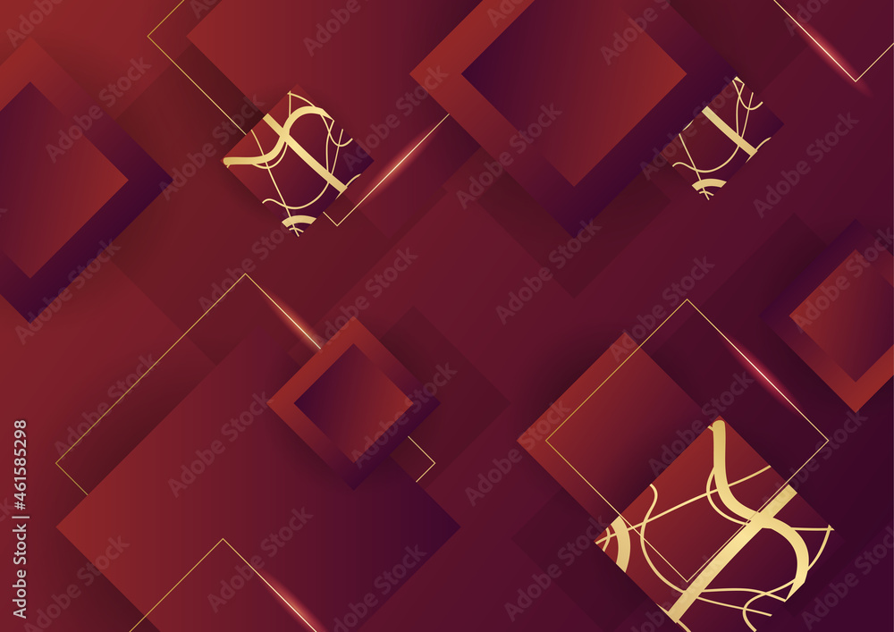 Dark red square shapes background with gold shiny element decoration ...
