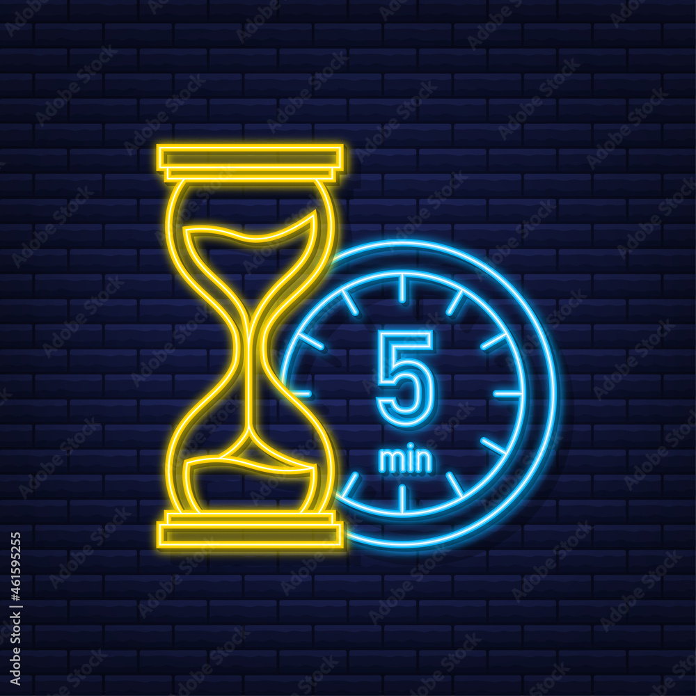 The 5 minutes, stopwatch vector neon icon. Stopwatch icon in flat style ...