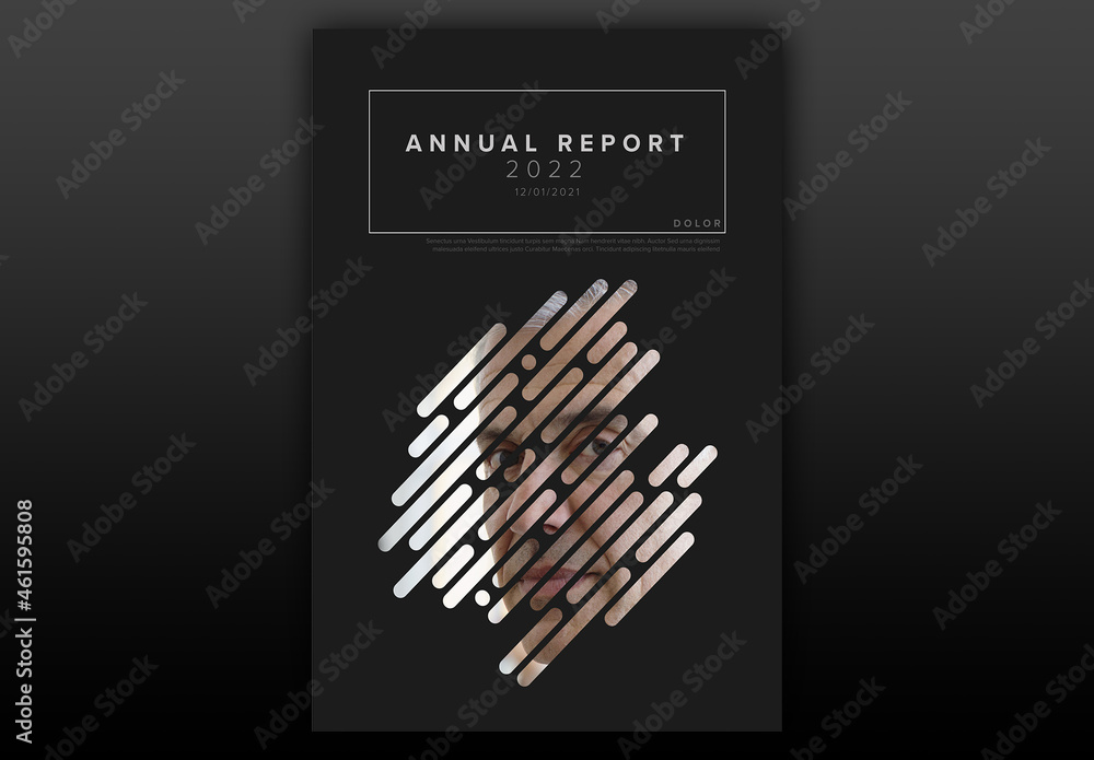 Dark Annual Report Front Cover Page Layout with Masked Photo Stock ...