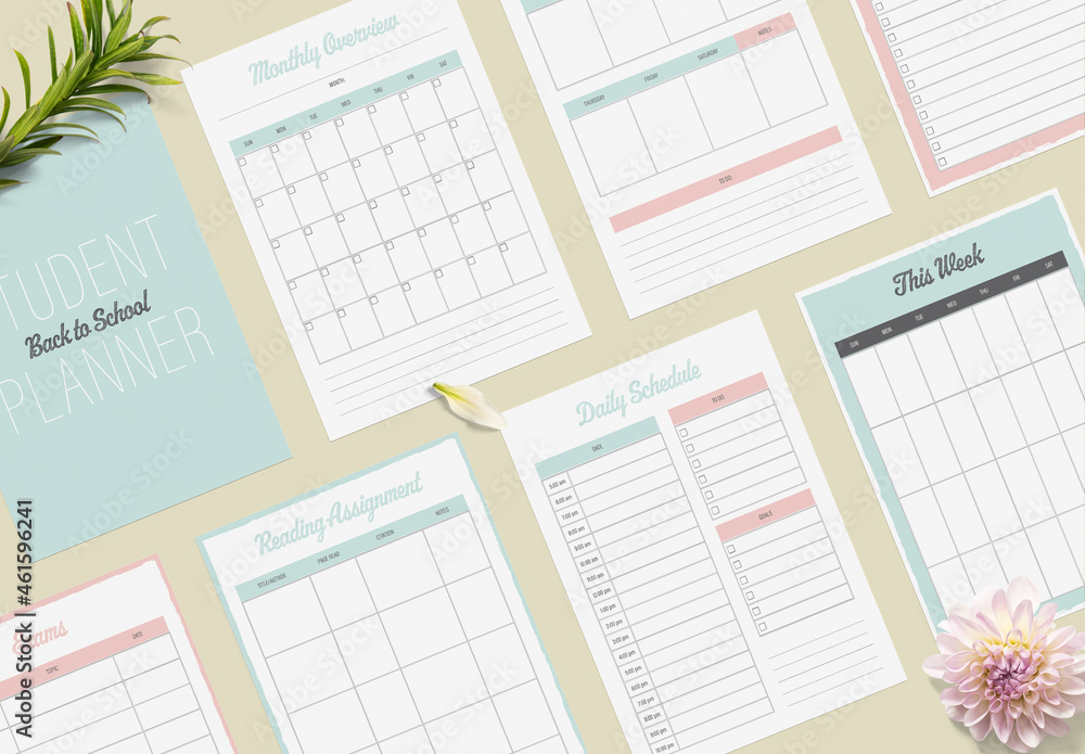 Student Planner Layout with Pastel Green and Pink Accents Stock ...