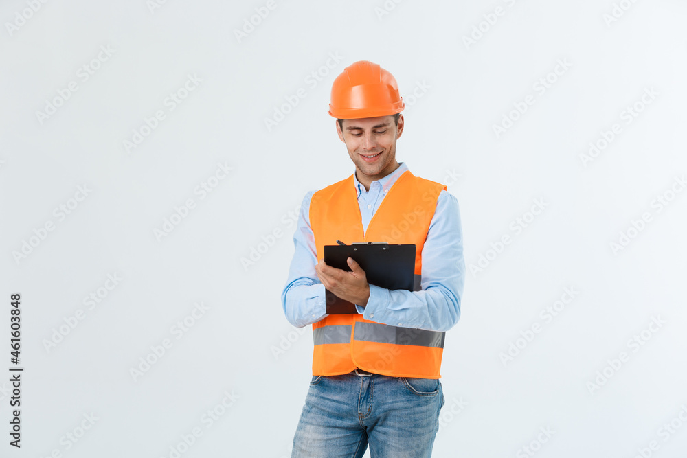 Civil engineer or architech and worker with safety helmet checking ...