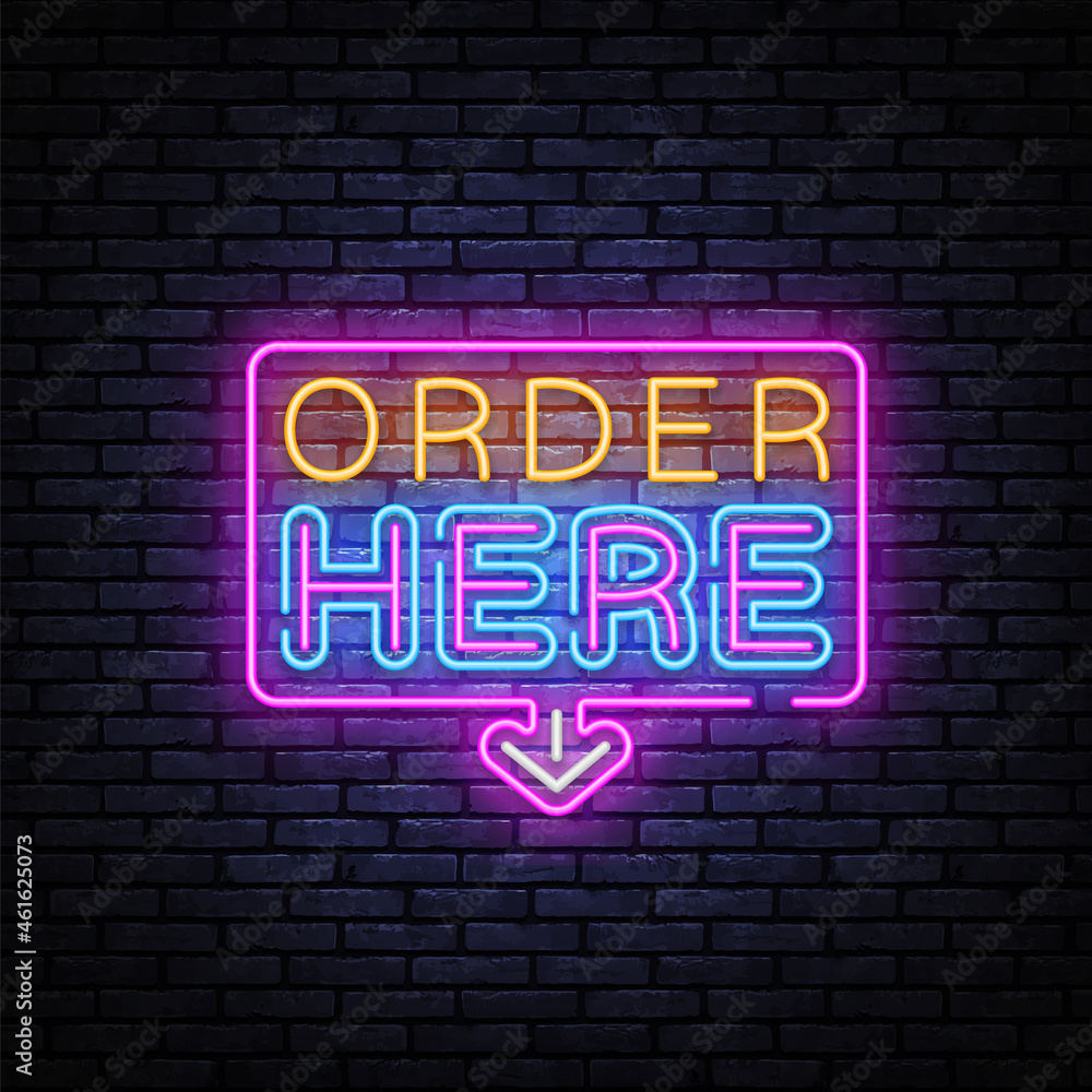 Order here neon for banner design. Order here Vector illustration word ...
