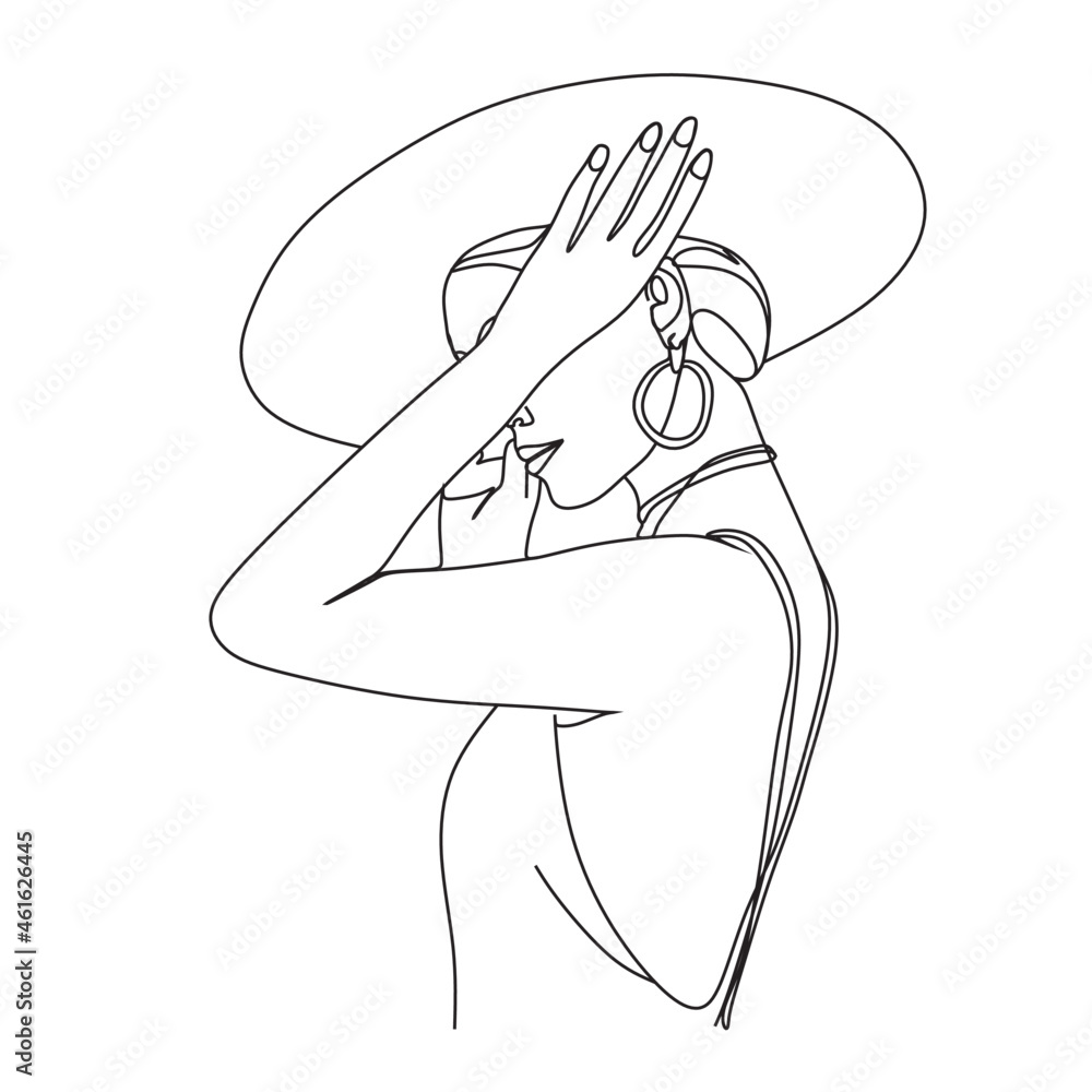Woman with hat. Line art female hands with flowers. Abstract face with ...