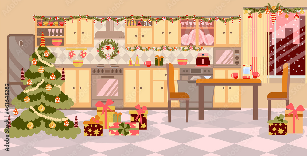 Christmas and New Year decorate the interior of the kitchen. Vector ...